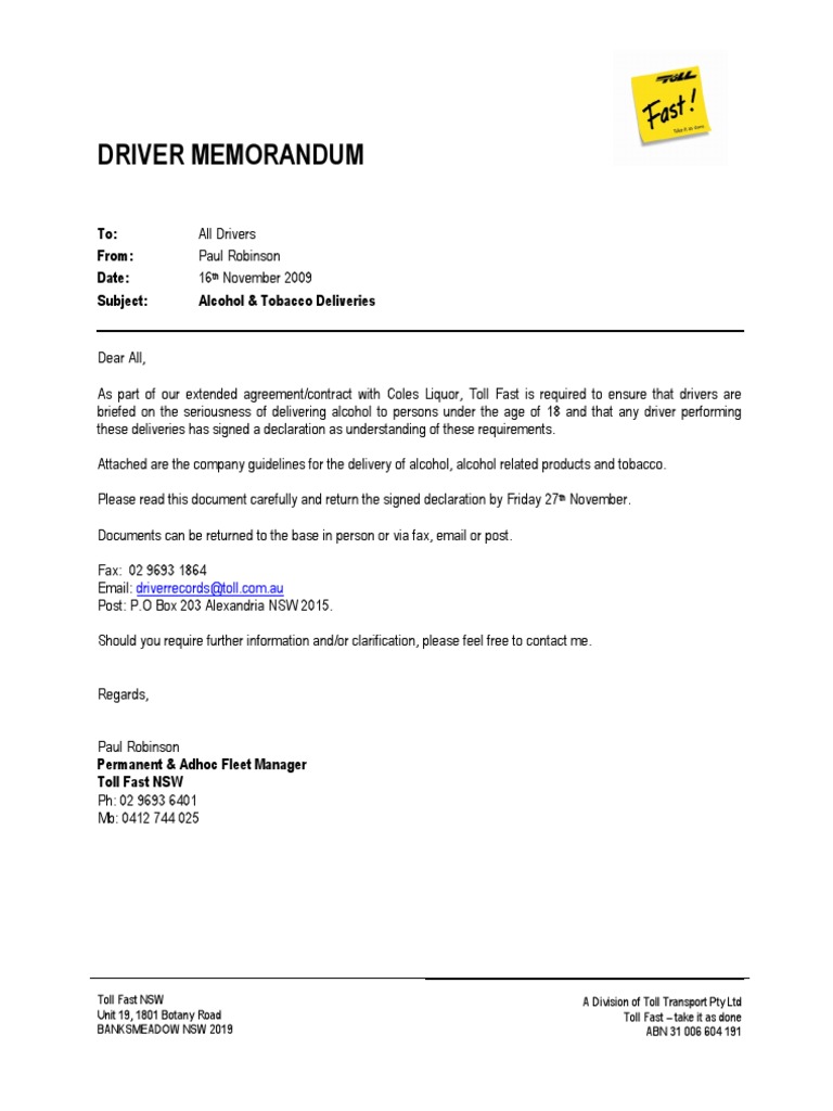 Memo Alcohol Deliveries | PDF | Identity Document | Official Documents