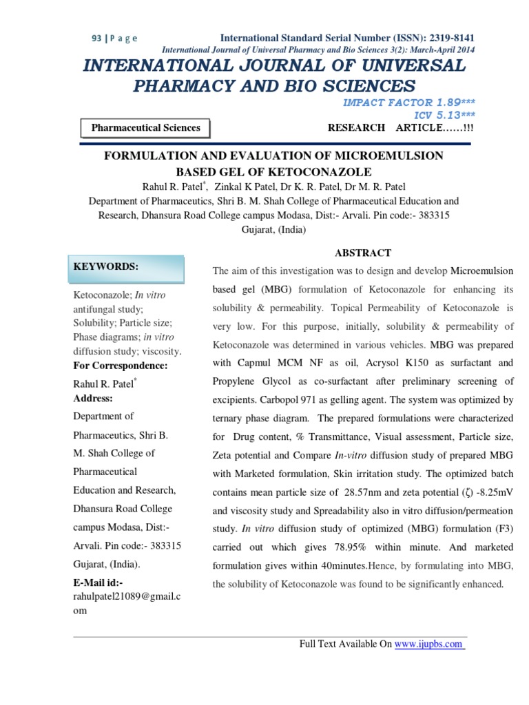Formulation And Evaluation Of Microemulsion Based Gel Of Ketoconazole Pdf Emulsion