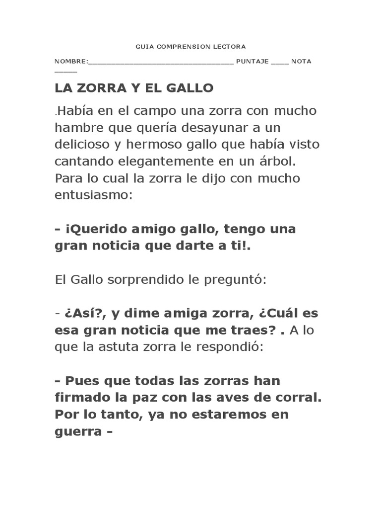 Guia Comprension Lectora La Zorra y El Gallo | PDF