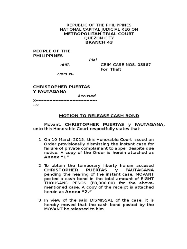 Motion To Release Cash Bond-Magno Lozano | PDF