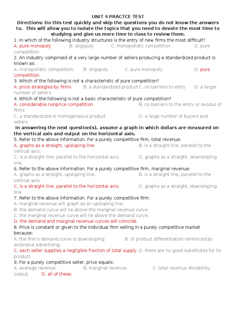 Unit 4 Practice Test Key | PDF | Monopoly | Oligopoly