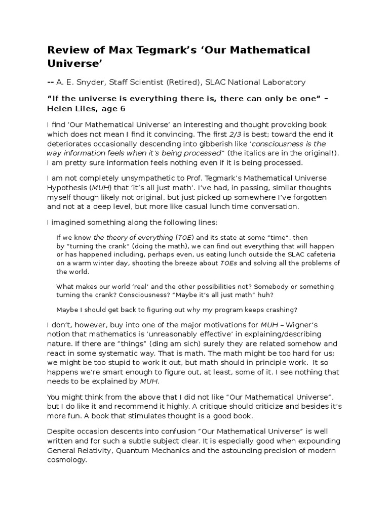 Review of Max Tegmark's Our Mathematical Universe' | PDF | Infinity ...