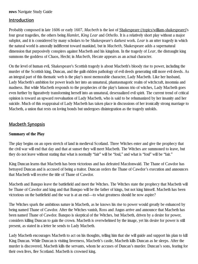 Macbeth Summary | PDF | Macbeth | Shakespearean Tragedies