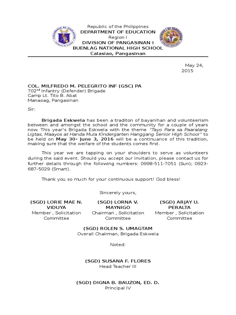 Letter of Request To The AFP For Brigada ESKWELA | PDF