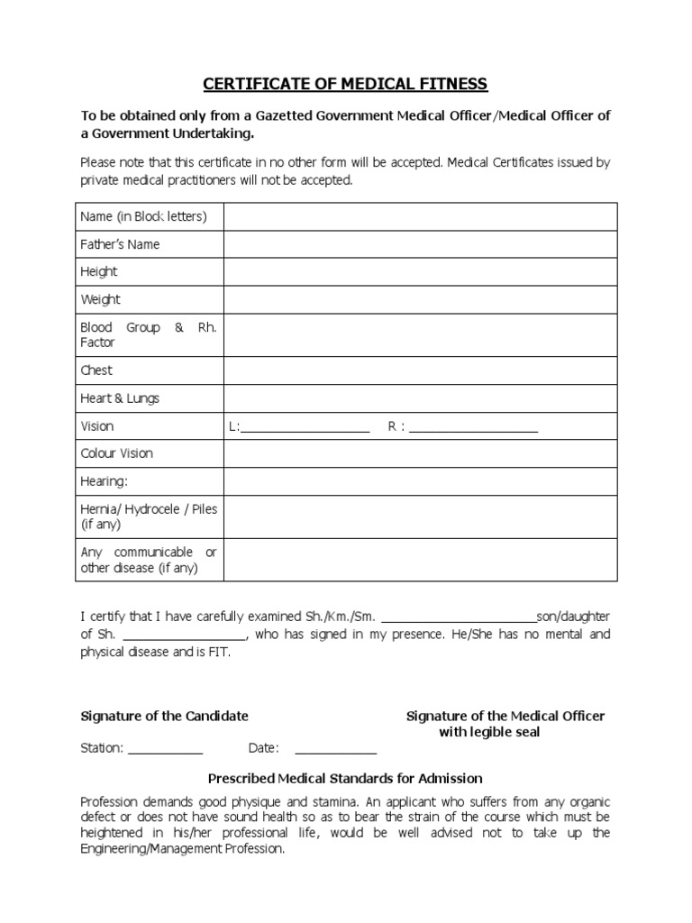 Certificate of Medical Fitness 2015 16 | PDF