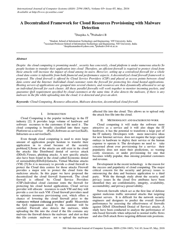 A Decentralized Framework For Cloud Resources Provisioning With Malware Detection PDF | PDF ...