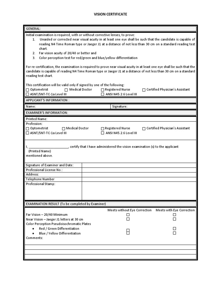 Vision Certificate | PDF