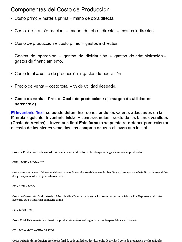 Formulas de Los Costos | PDF | Costo | Inventario