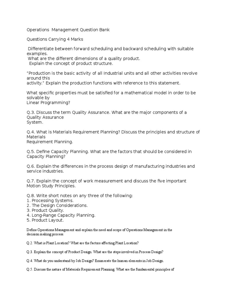 Operations Management Question Bank | Download Free PDF | Operations ...