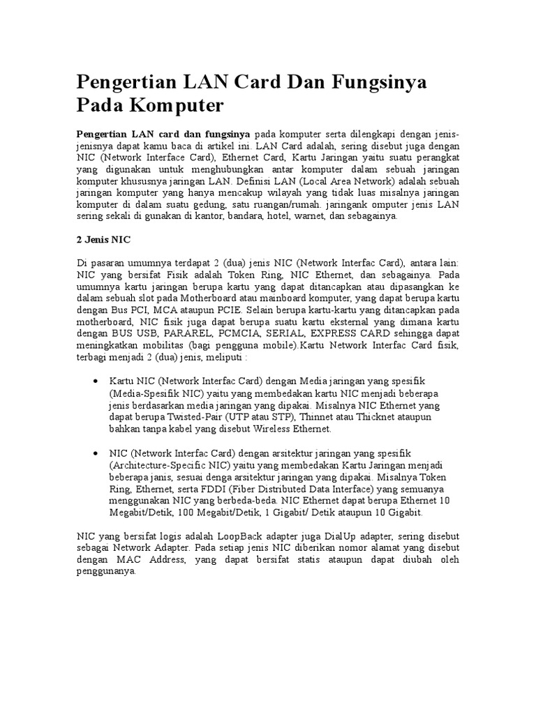 Pengertian LAN Card Dan Fungsinya Pada Komputer | PDF