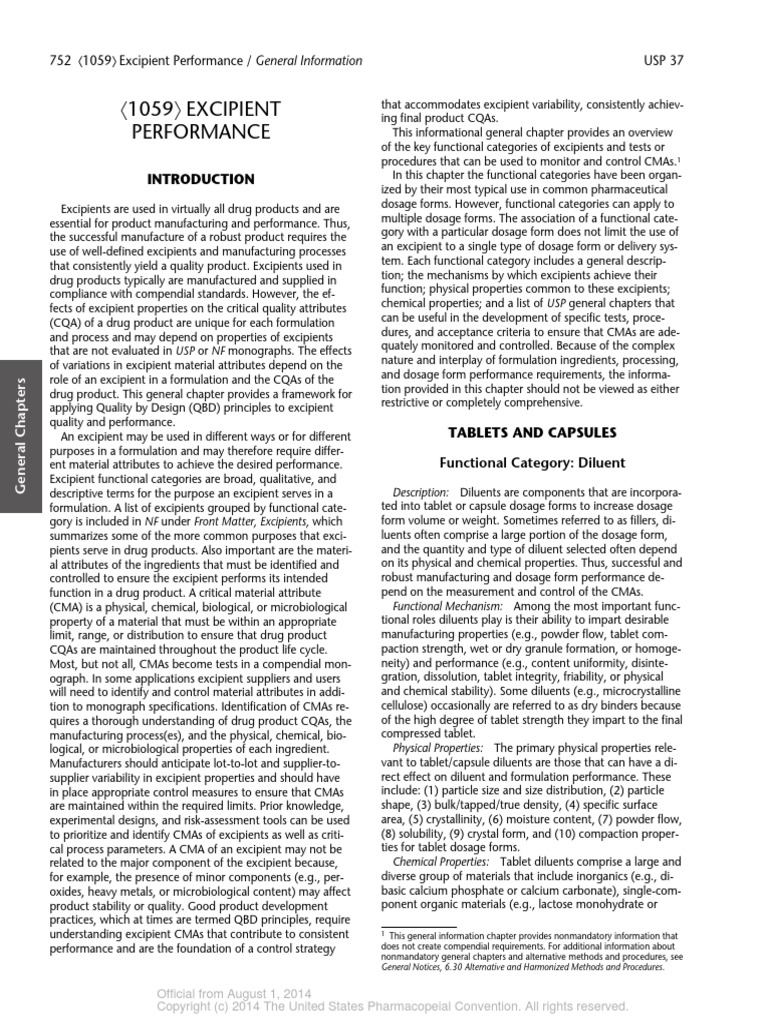 Excipient Performance - General Chapter USP 38 | PDF | Tablet (Pharmacy ...