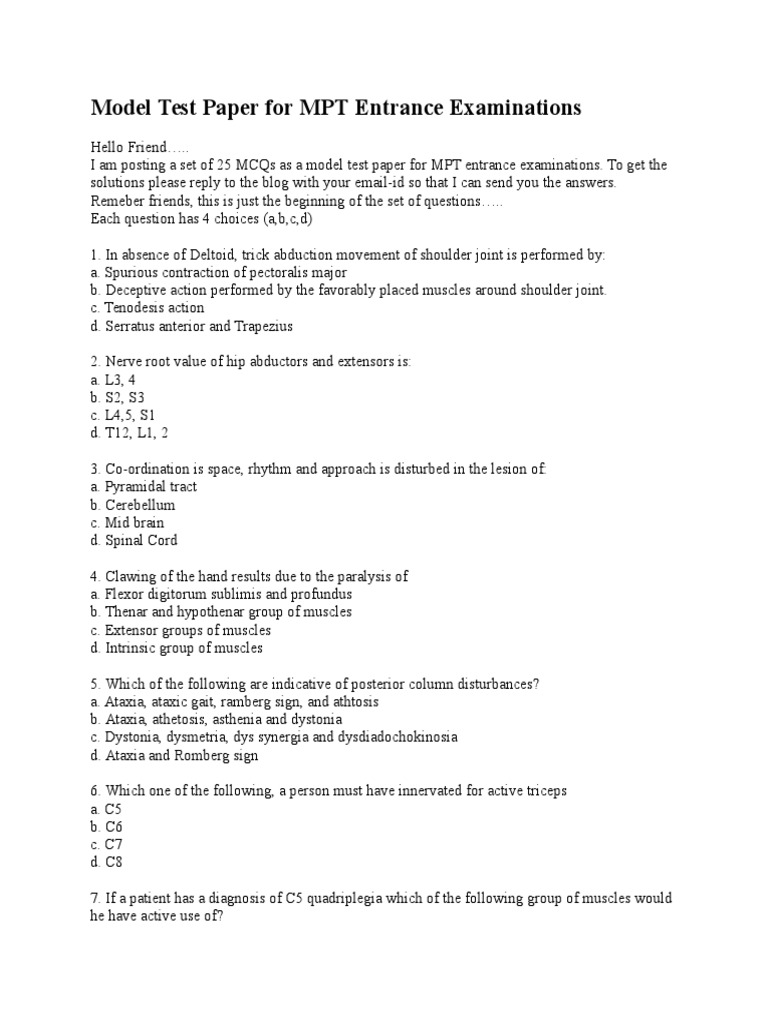 Model Test Paper For MPT Entrance Examinations | PDF | Human Anatomy ...