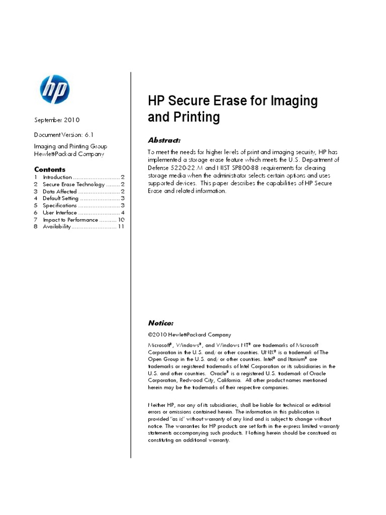 HP Secure Erase For Imaging and Printing | PDF | Hewlett Packard ...