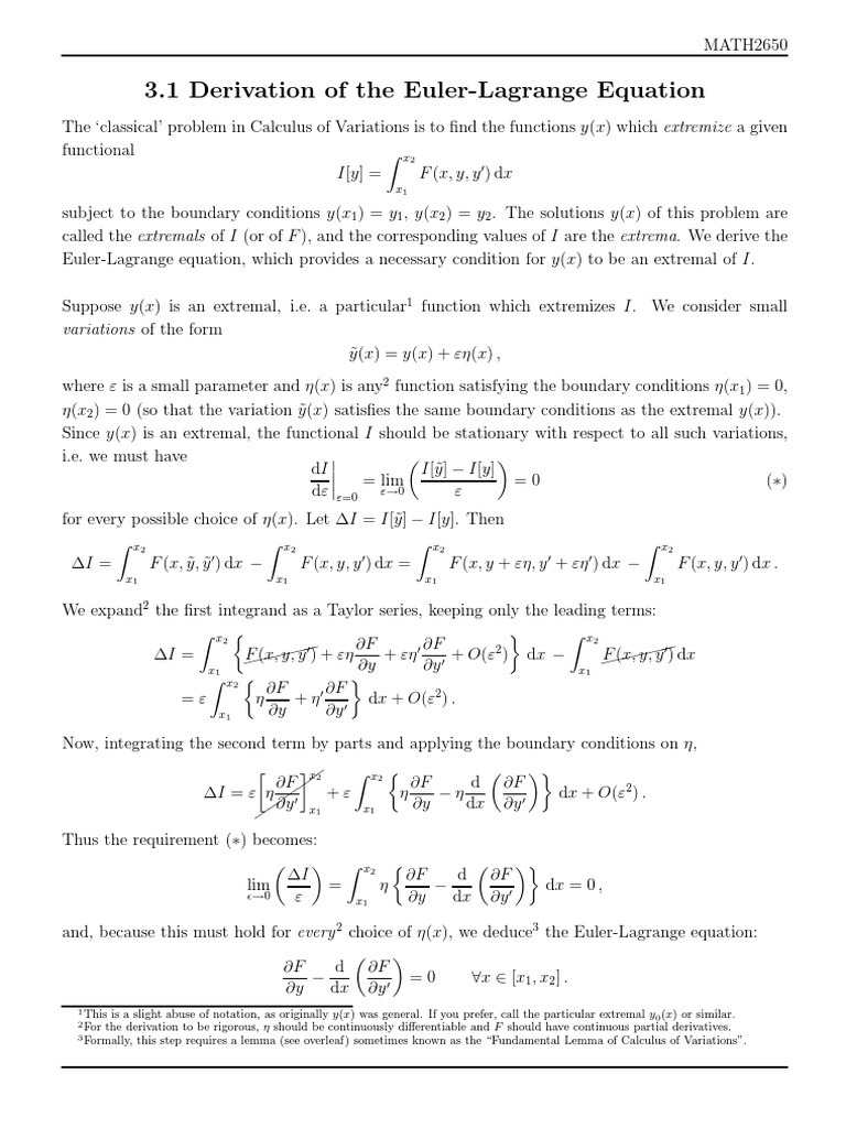 3 1 Derivation Of The Euler Lagrange Equation Pdf Calculus Of Variations Euler Lagrange