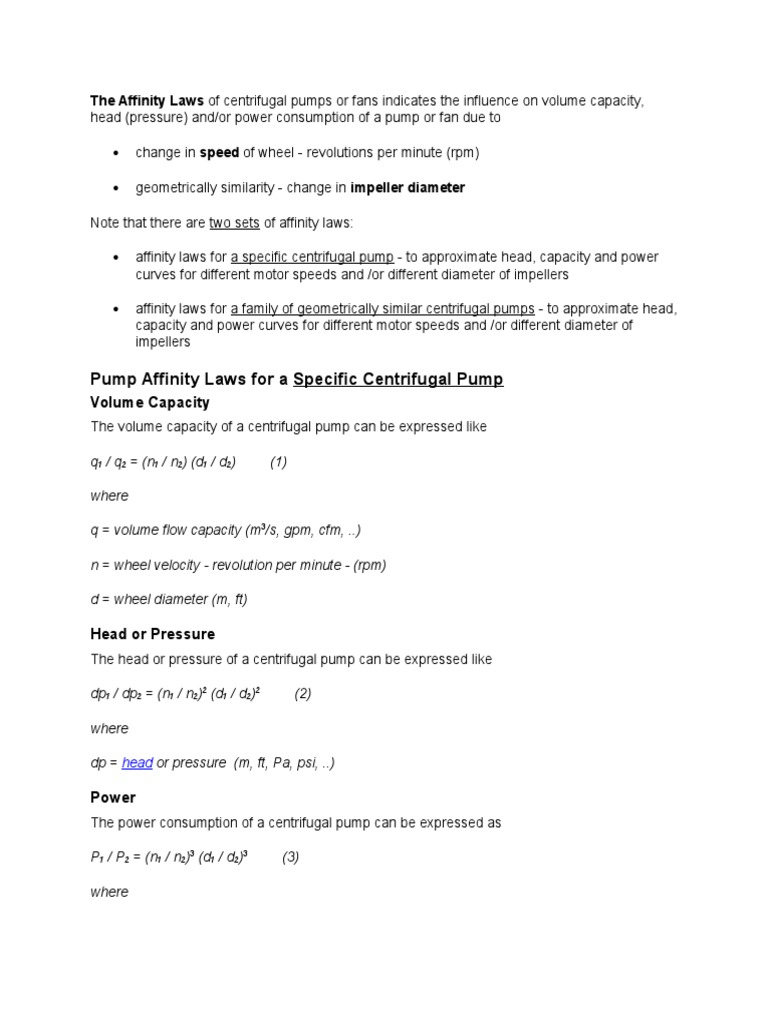 The Affinity Laws of Centrifugal Pumps or Fans Indicates The Influence ...