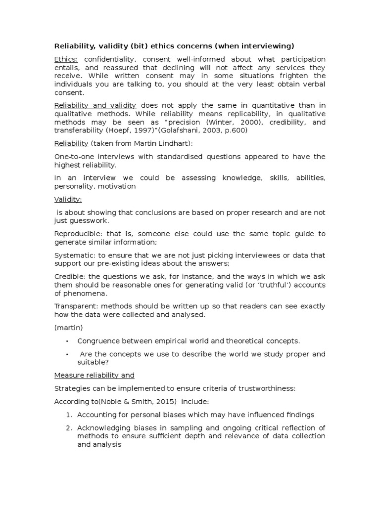 Reliability, Validity (Bit) Ethics Concerns (When Interviewing) | PDF ...