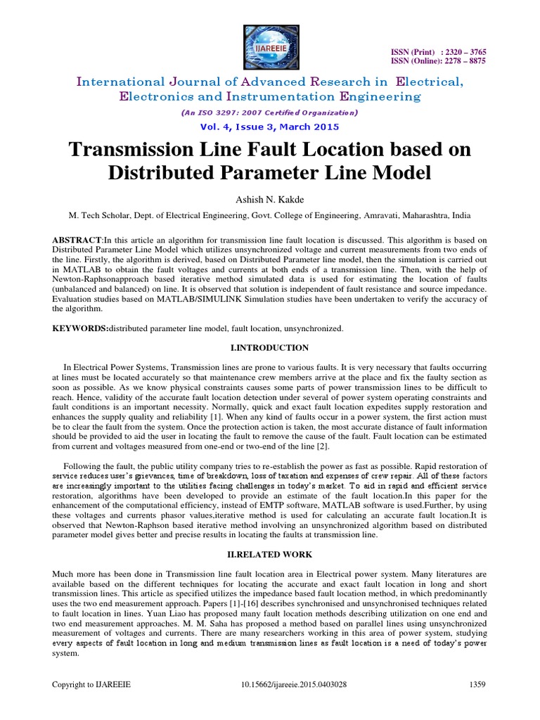 Transmission Line Fault Location Based On Distributed Parameter Line ...