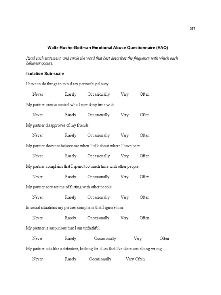 EAQ Isolation Scale | PDF | Psychological Abuse | Sexual Intercourse