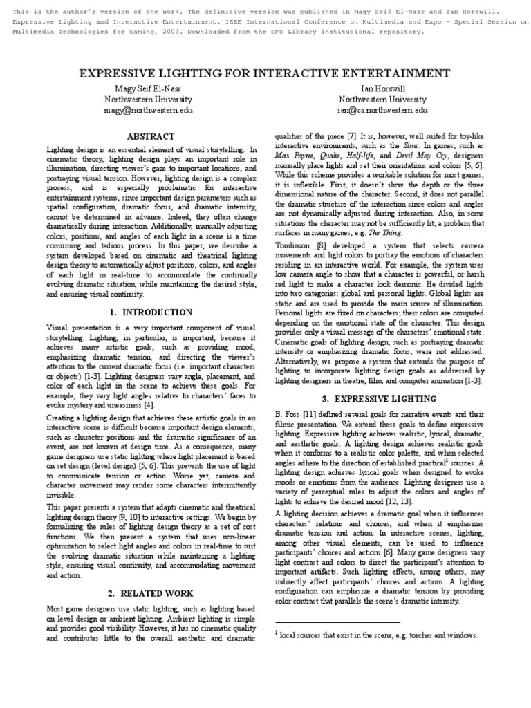 Expressive Lighting for Interactive Entertainment: Automatically ...