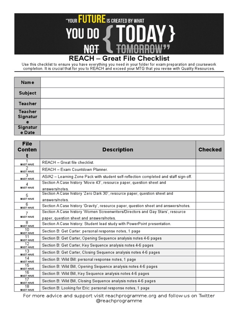 REACH Exam Preparation Checklist | PDF | Cognition | Further Education
