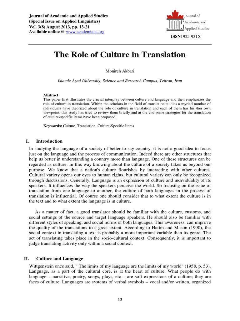 Culture's Role in Translation Studies | PDF | Translations | Linguistics