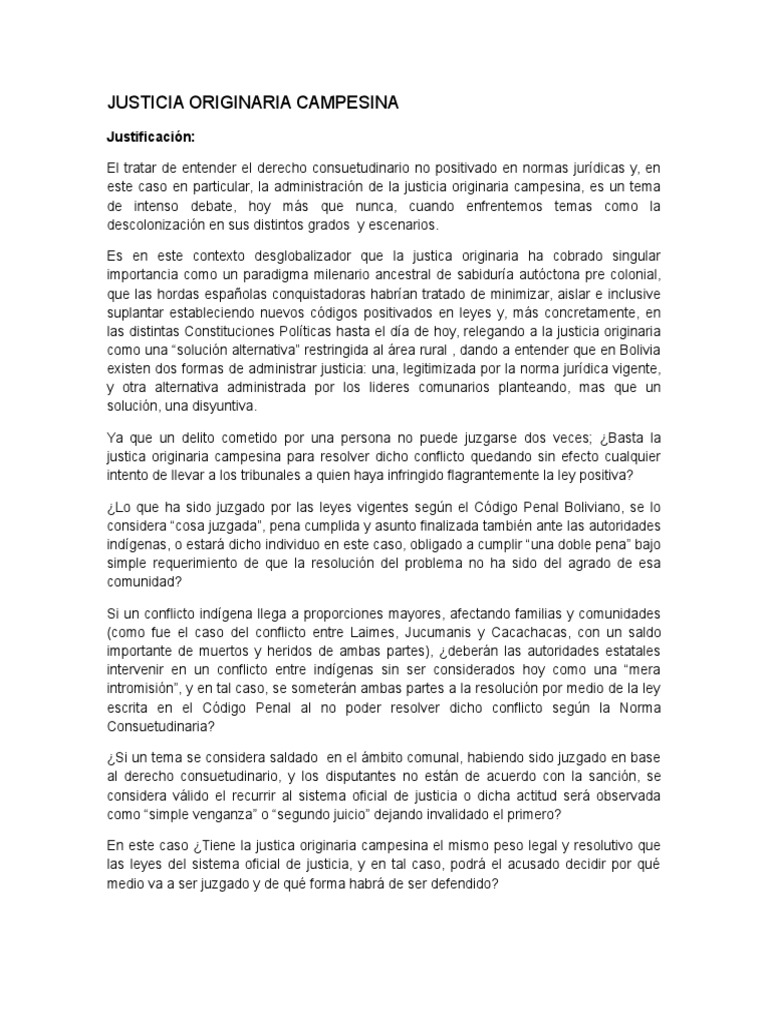 La Justicia Originaria Campesina | PDF | Derecho penal | Delito