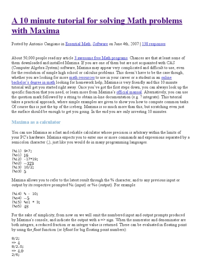 A 10 Minute Tutorial For Solving Math Problems With Maxima | PDF ...