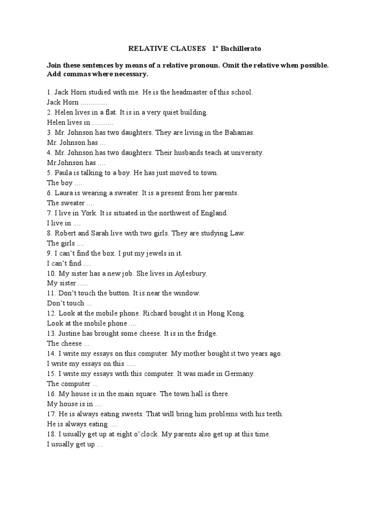 RELATIVE CLAUSES 1º Bachillerato and Key | PDF | Language Mechanics | Linguistic Typology