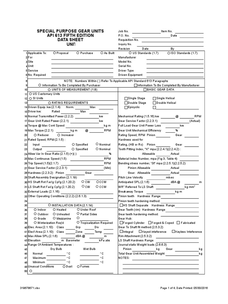 Special Purpose Gear Units Api 613 Fifth Edition Data Sheet Si Units ...