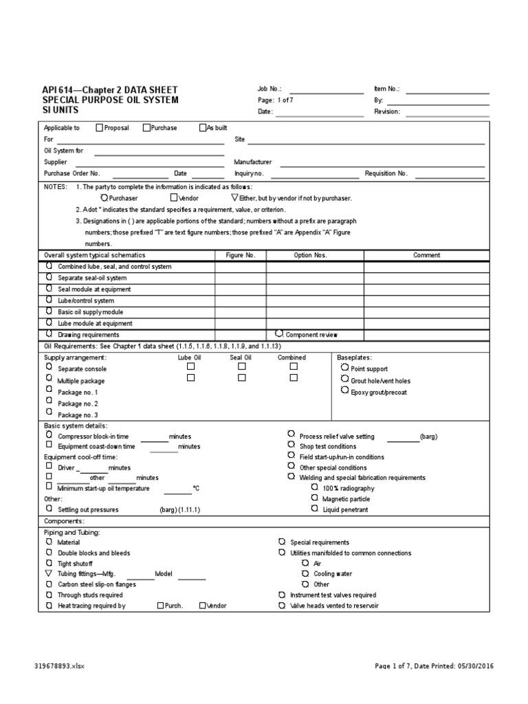 API 614-Chapter 2 DATA SHEET Special Purpose Oil System Si Units ...