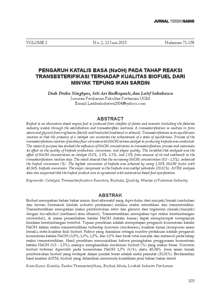 Transesterifikasi Menggunakan NaOH | PDF | Catalysis | Fuels