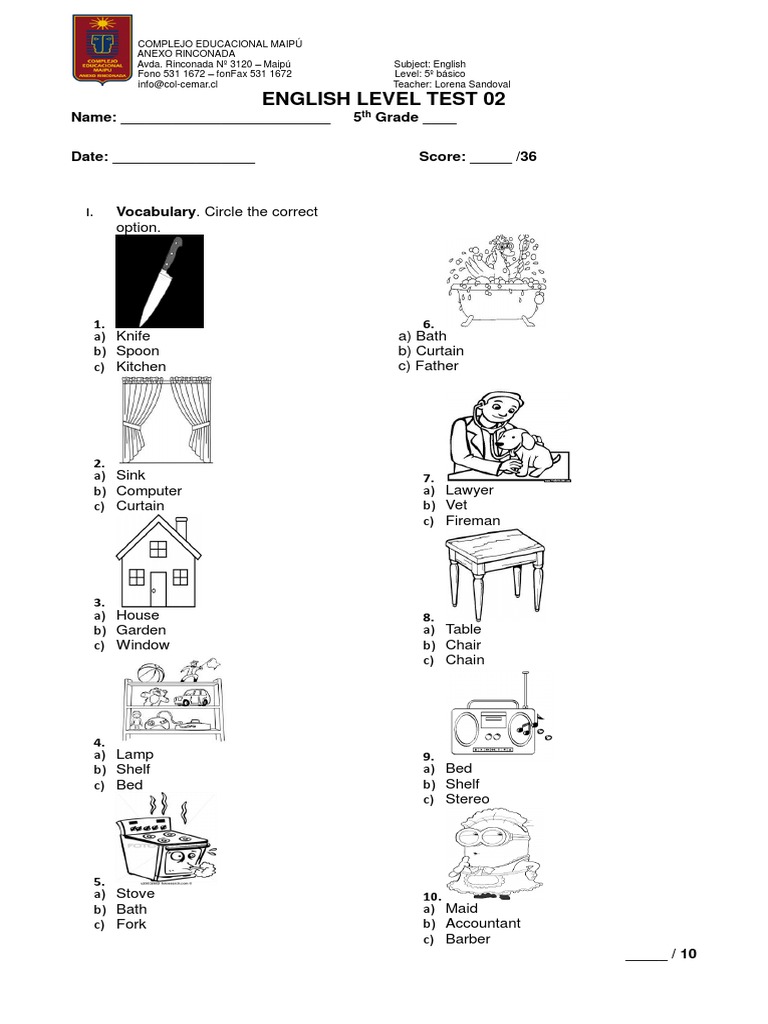 5to Básico - Level English Test 02 | PDF