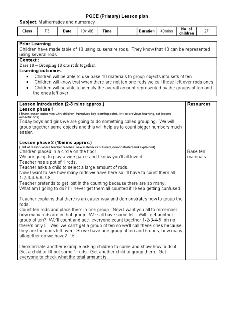 PGCE (Primary) Lesson Plan Subject: Mathematics and Numeracy | Download ...