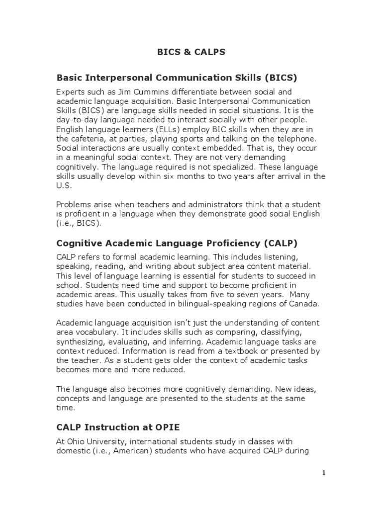 Bics and Calps | PDF | Interpersonal Communication | Language Acquisition