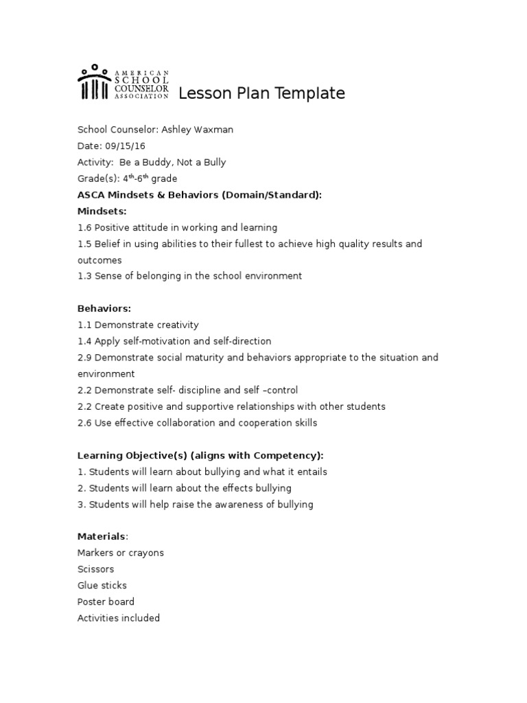 Lesson Plan Template: ASCA Mindsets & Behaviors (Domain/Standard ...
