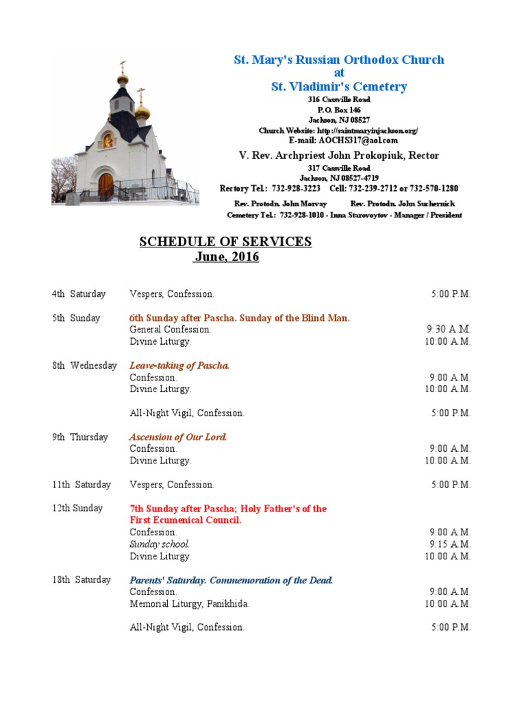 Schedule of Divine Services - June, 2016 | PDF | Social Science ...