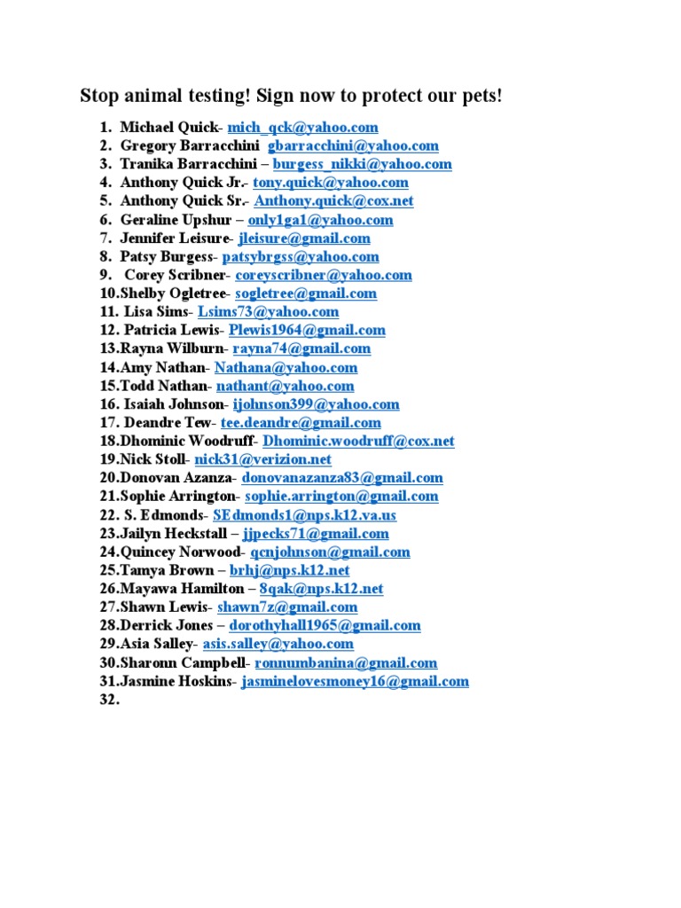 Stop Animal Testing Petition Signatures | PDF | Sports & Recreation
