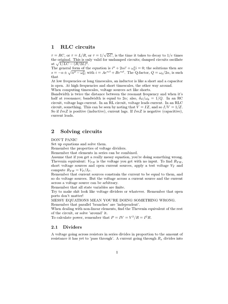 RLC Cheat Sheet | PDF | Series And Parallel Circuits | Electricity
