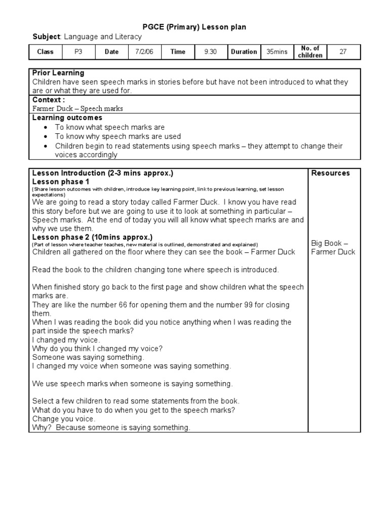Speech Marks Lesson Plan 1 | Lesson Plan | Teaching
