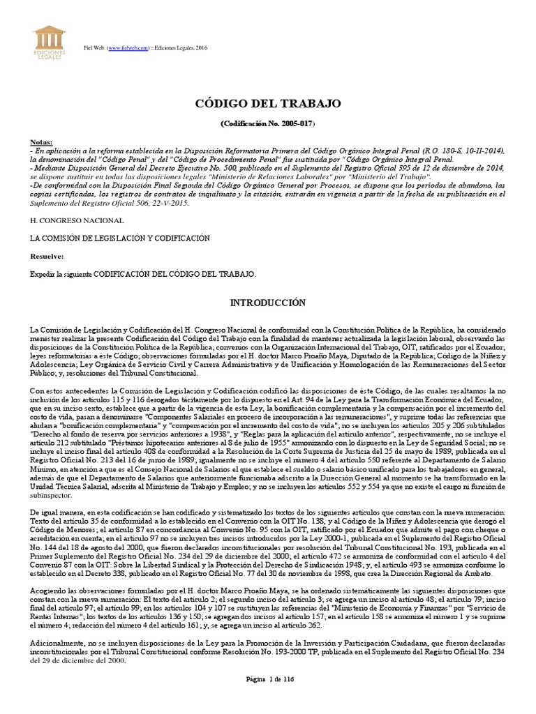 Codigo Del Trabajo Ecuatoriano | PDF | Derecho laboral | Salario