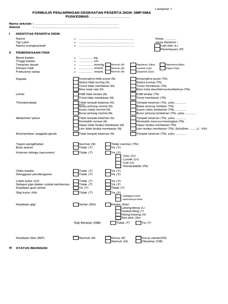 Form Penjaringan Kesehatan Anak Usia Sekolah Lanjutan | PDF