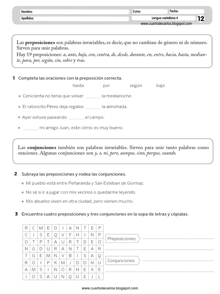 Hojas De Trabajo De Preposiciones De Cuarto Grado Preposiciones | PDF