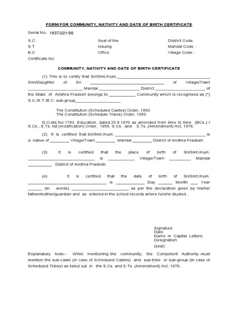 Form For Community, Nativity and Date of Birth Certificate | PDF