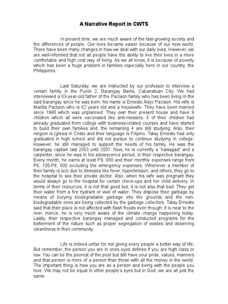 A Narrative Report in CWTS | PDF | Waste | Wellness