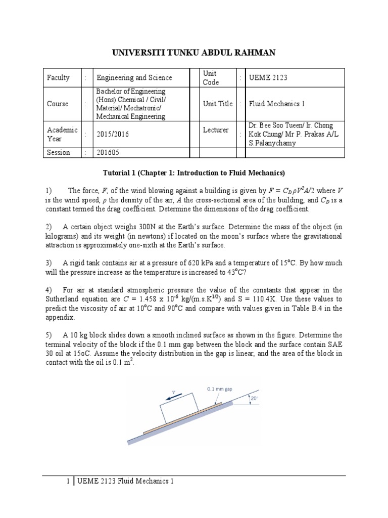 UEME2123 Fluid Mechanics Tutorial 1 | PDF | Pressure Measurement | Pressure