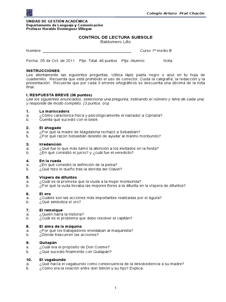 Control de Lectura Subsole | PDF