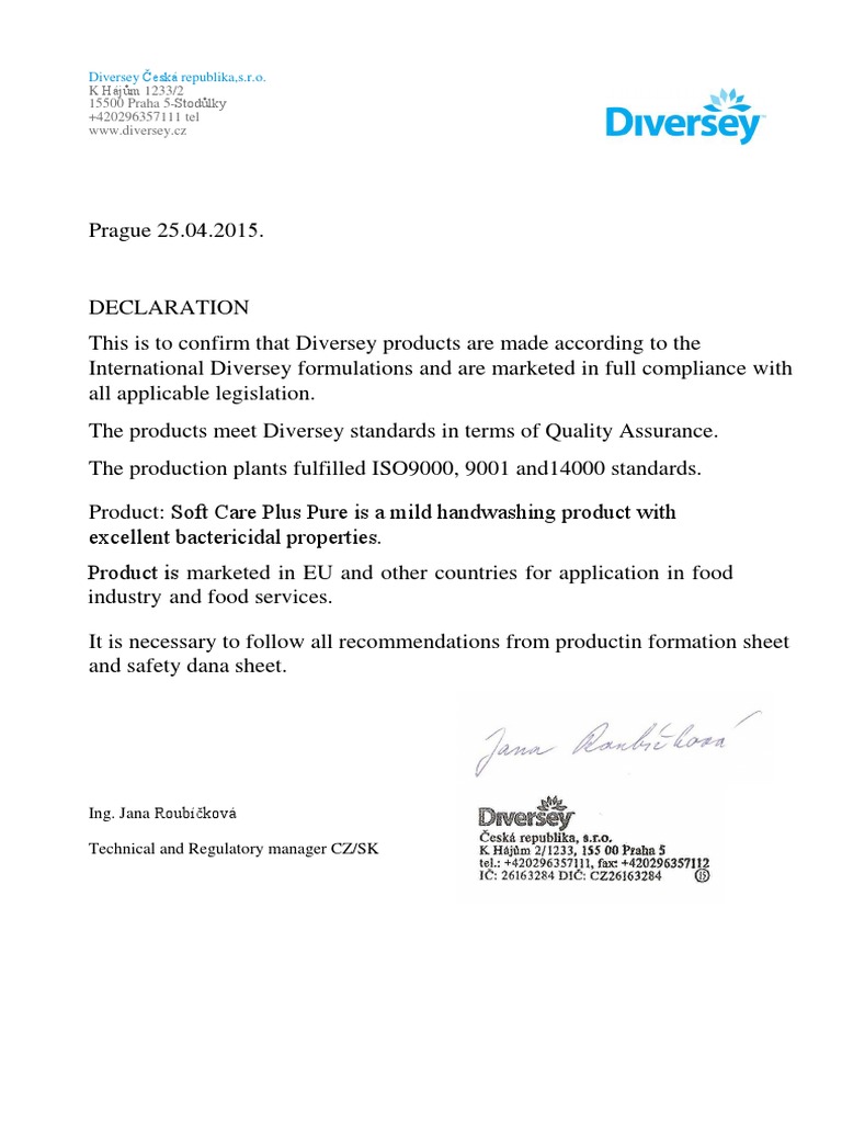 Diversey Food Safety Declaration | PDF