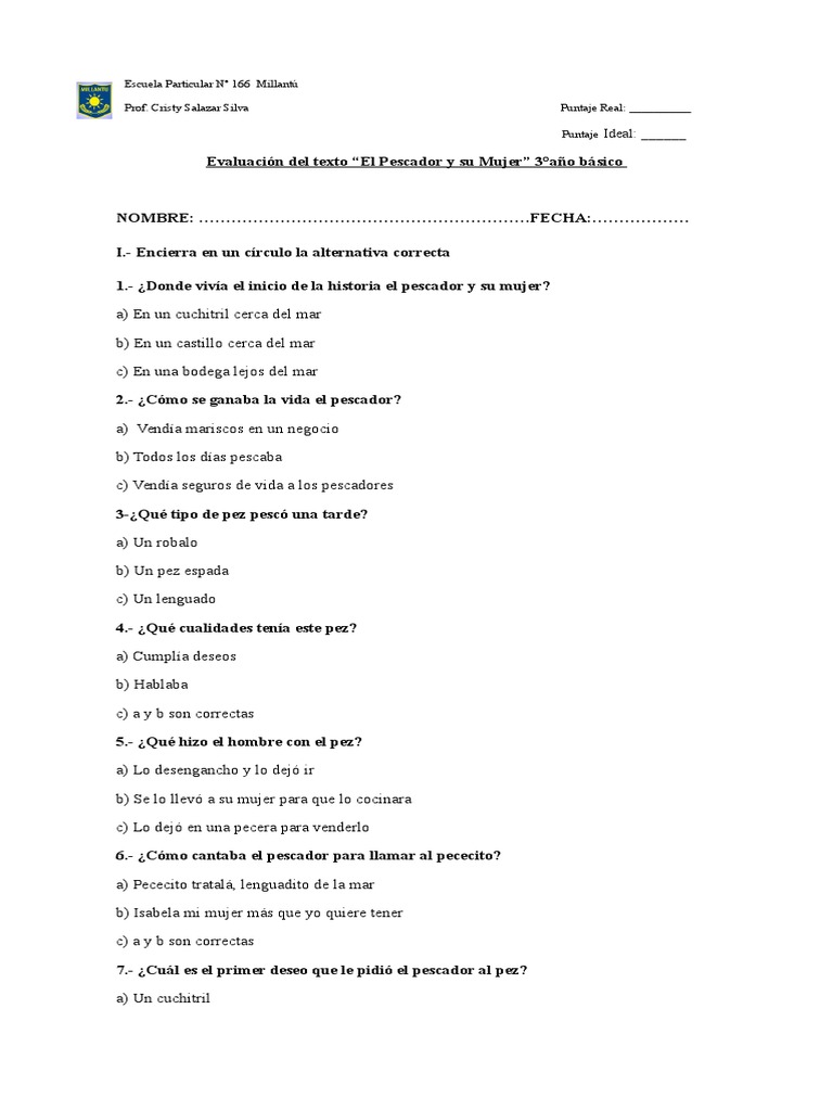 Evaluación de "El Pescador y su Mujer" | PDF | Historia