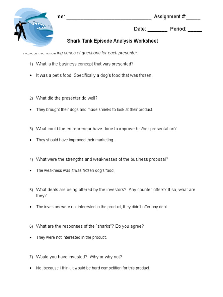 Name: - Assignment #: - Date: - Period: - Shark Tank Episode Analysis ...