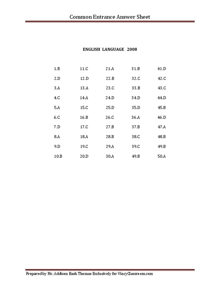 Common Entrance Answer Sheet English Language 2008 | PDF | Sports ...